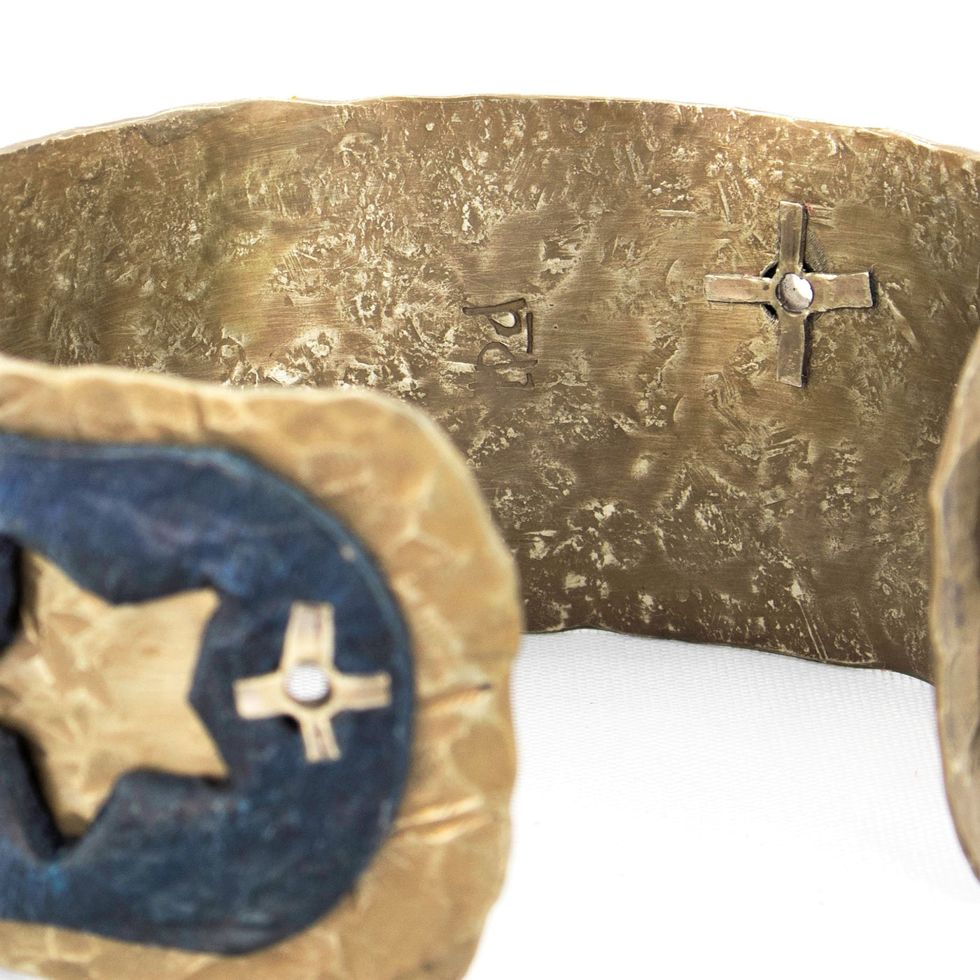 Blackened Silver Nickel and Vintage Cadet Blue Leather Cuff with Stars ...