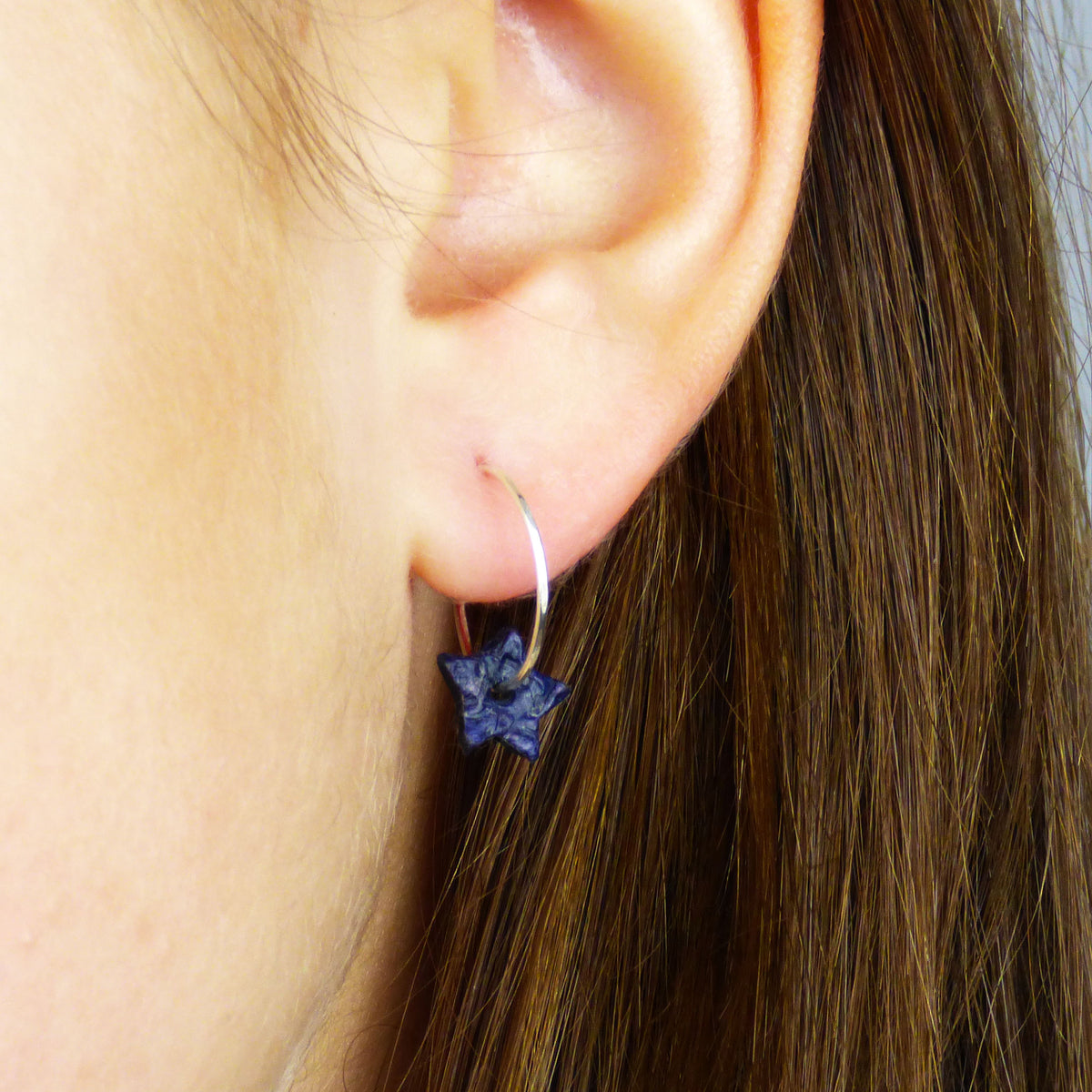 Delicate Cadet Blue Distressed Leather Stars and Sterling Silver Hoop ...