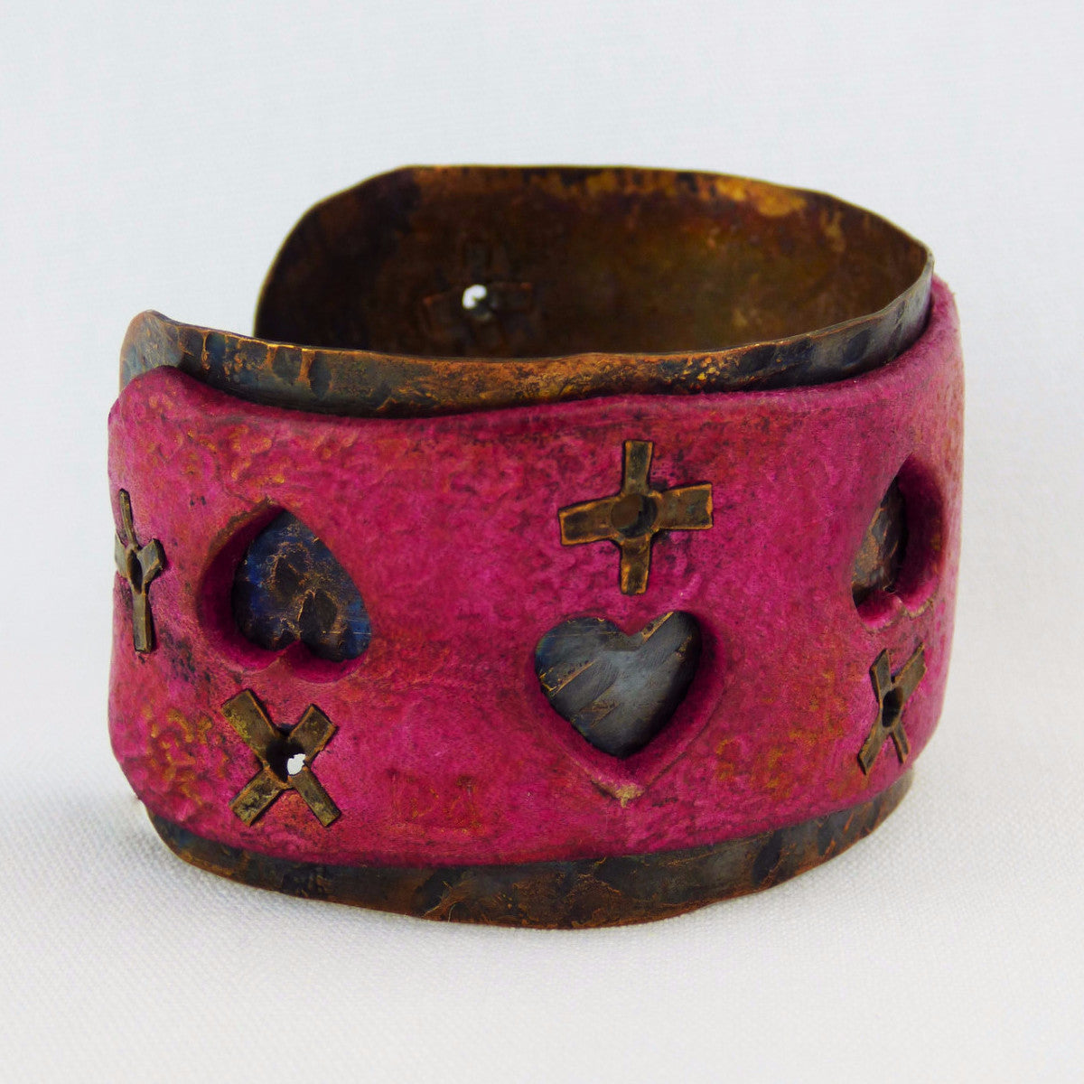 Pink Sorbet Leather and Copper Cuff with Hearts– LPDstudios